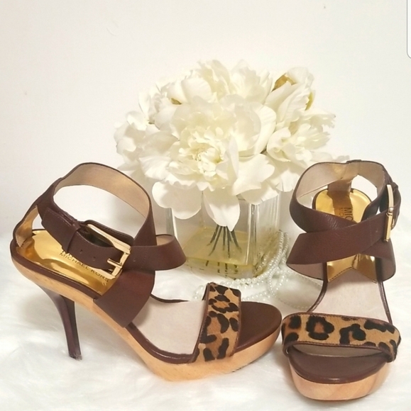 MICHAEL Michael Kors | Shoes | Michael Kors Leopard Print Haircalf Leather Strappy Platform ...